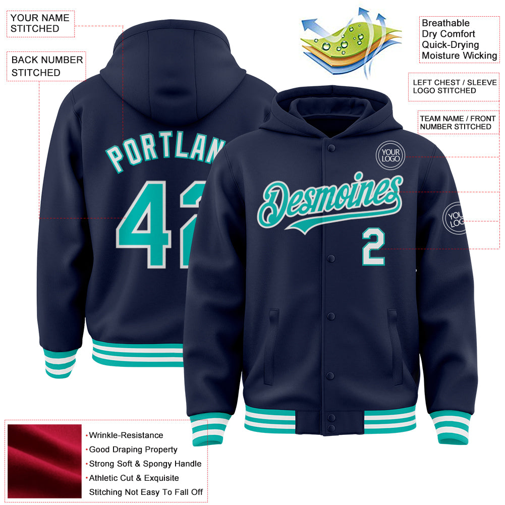 Custom Navy Aqua-White Bomber Full-Snap Varsity Letterman Hoodie Jacket ...