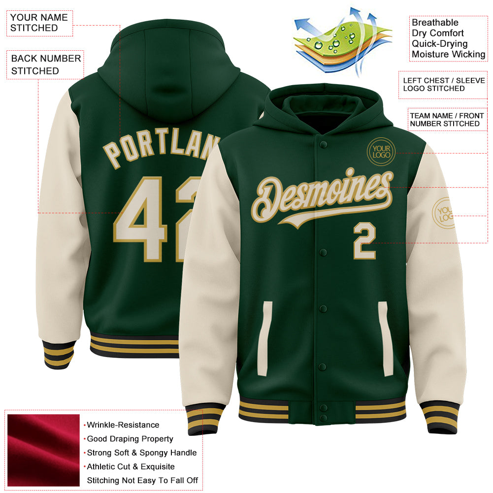 Custom Green Cream Old Gold-Black Bomber Full-Snap Varsity Letterman ...