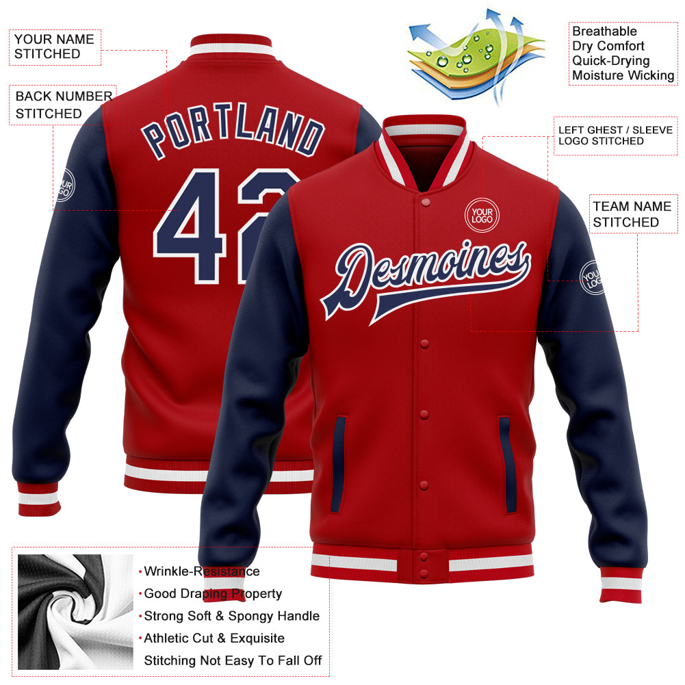 Custom Red Navy-White Bomber Full-Snap Varsity Letterman Two Tone ...