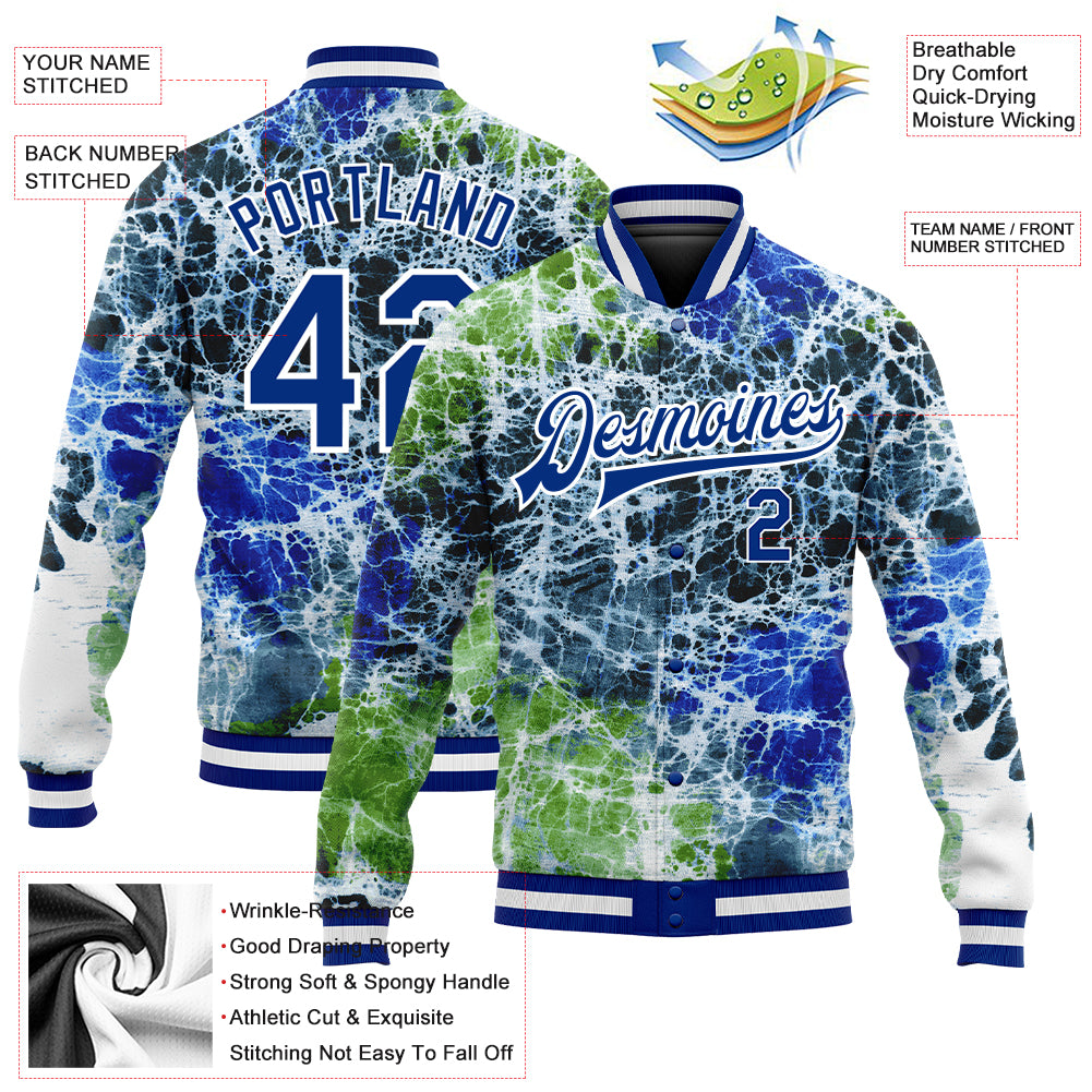 Custom Tie Dye Royal-White Rainbow 3D Bomber Full-Snap Varsity ...