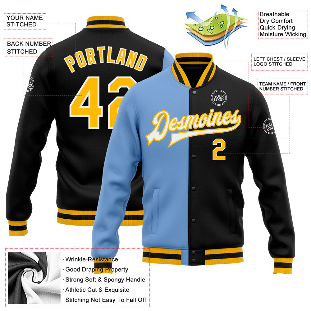 Custom Black Gold-Light Blue Bomber Full-Snap Varsity Letterman Split ...