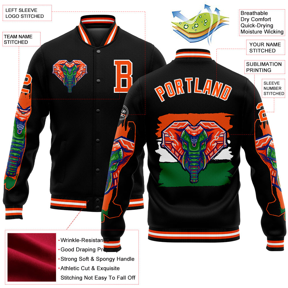 Custom Black Orange-White Elephant 3D Pattern Design Bomber Full-Snap ...
